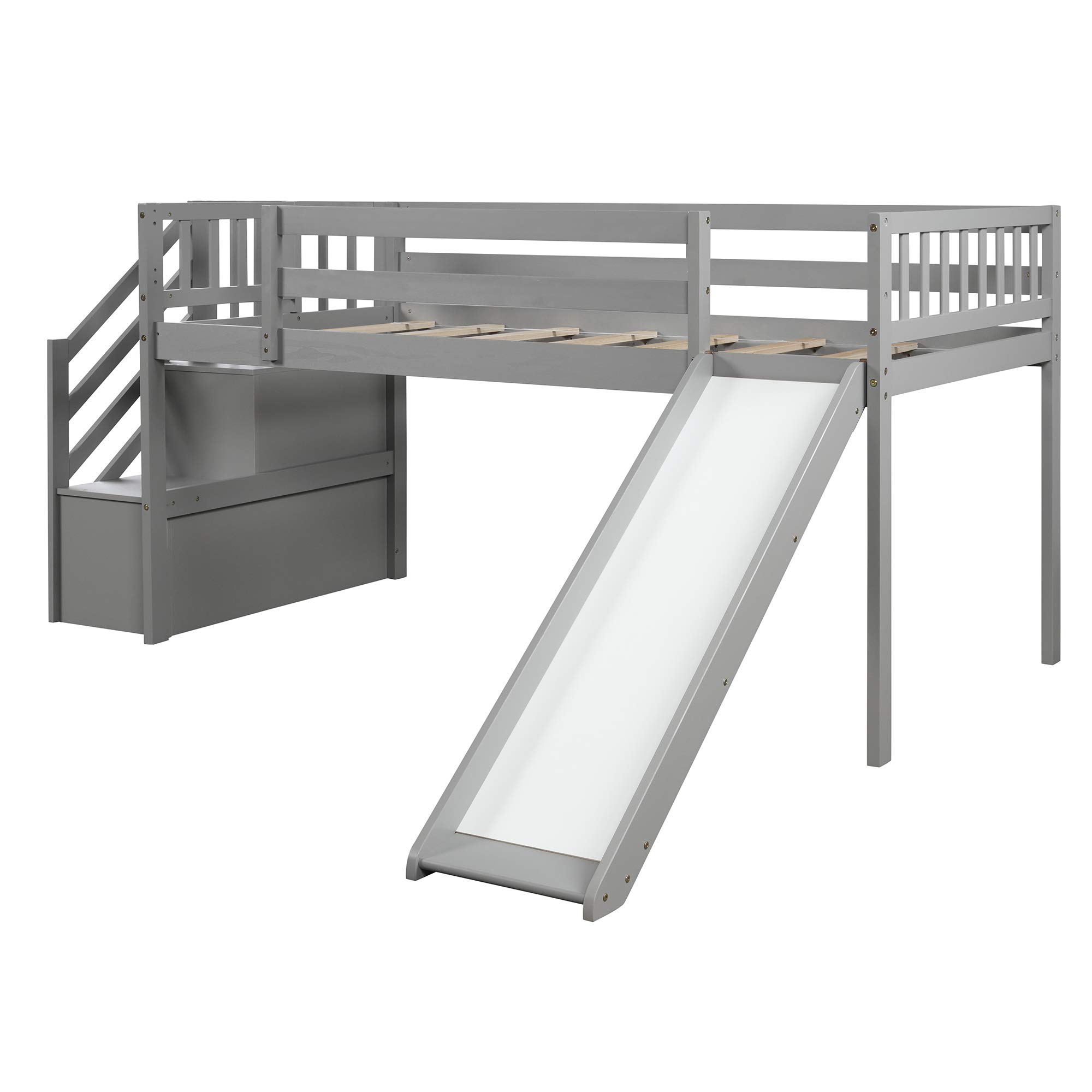 Low Loft Bed with Stairs for Kids and Toddlers Wood Loft Bed Frame with Slide Twin Loft Beds with Stairway Storage for Boys Girls, Gray
