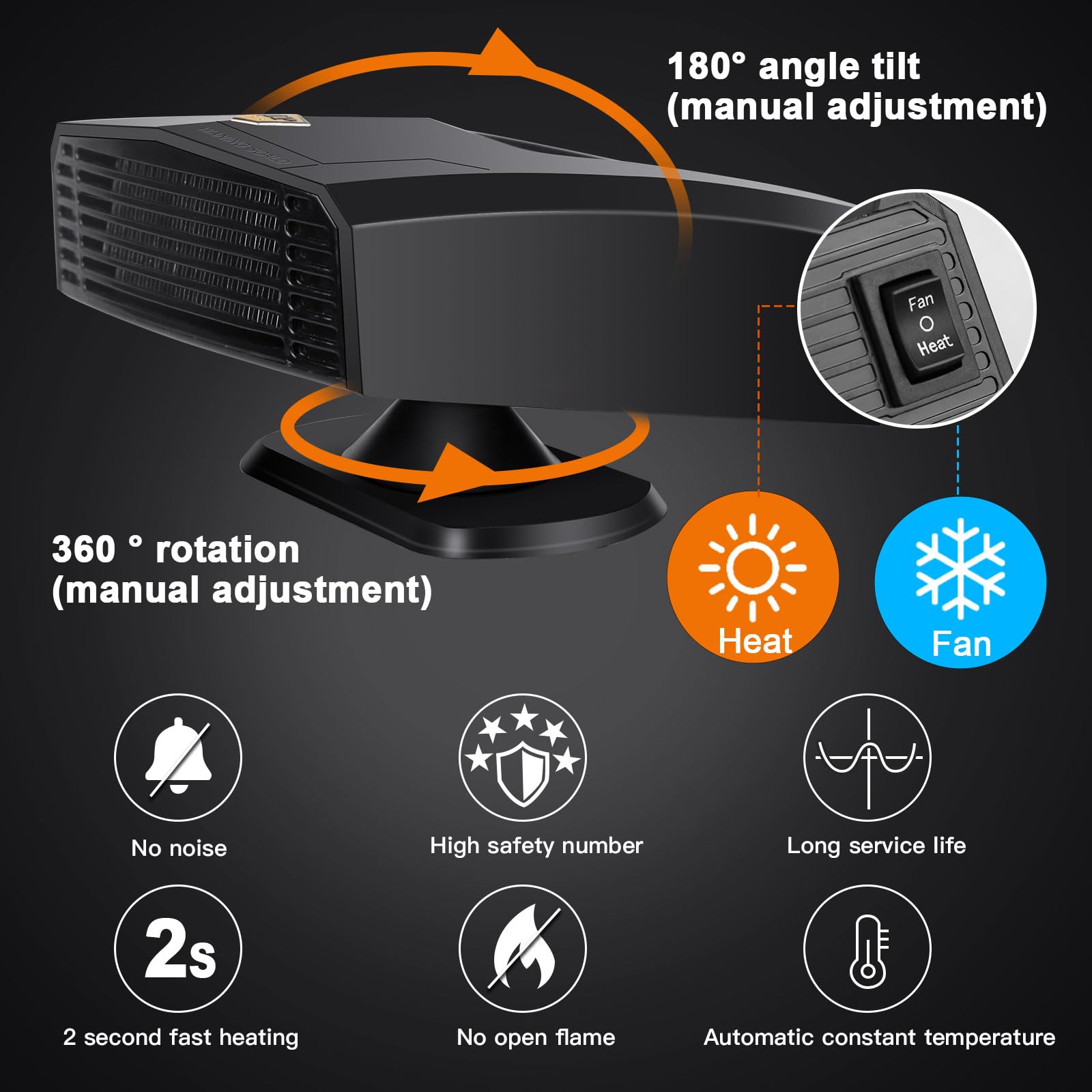 Car Heater, 12V 120W Portable Car Heater Windshield Fast Heating Defrost Defogge 2 in 1 Heating Fan/Cooling Fan Adjustable Thermostat in Cigarette Lighter, Black