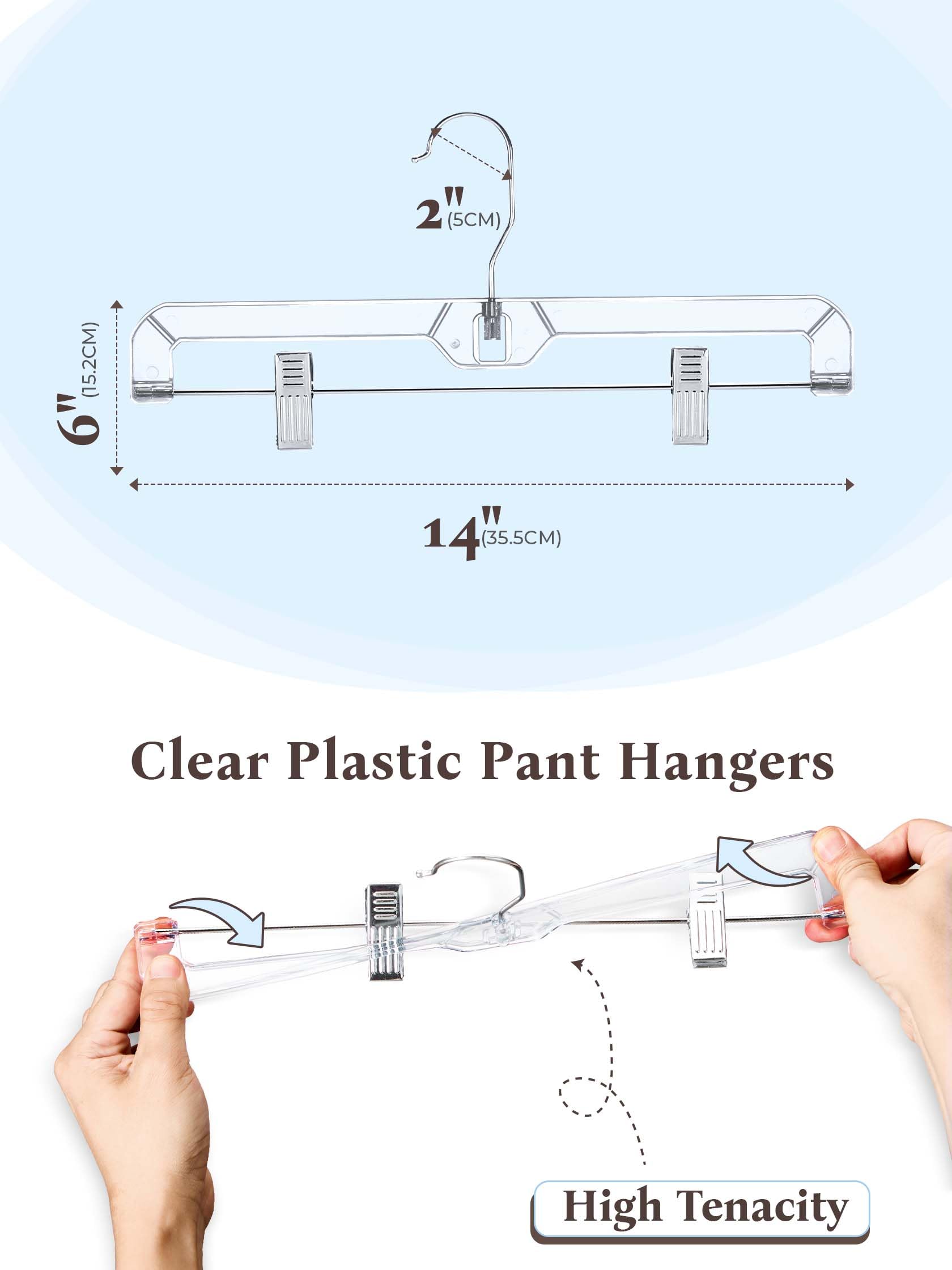 HOUSE DAY Clear Skirt Hangers with Clips, Non-Slip Plastic Pant Hangers with Adjustable Clips, Slim Clip Hangers for Pants, Skirts, Shorts, 14" Clear Hangers 10 Pack, 360-Rotating Swivel Hook