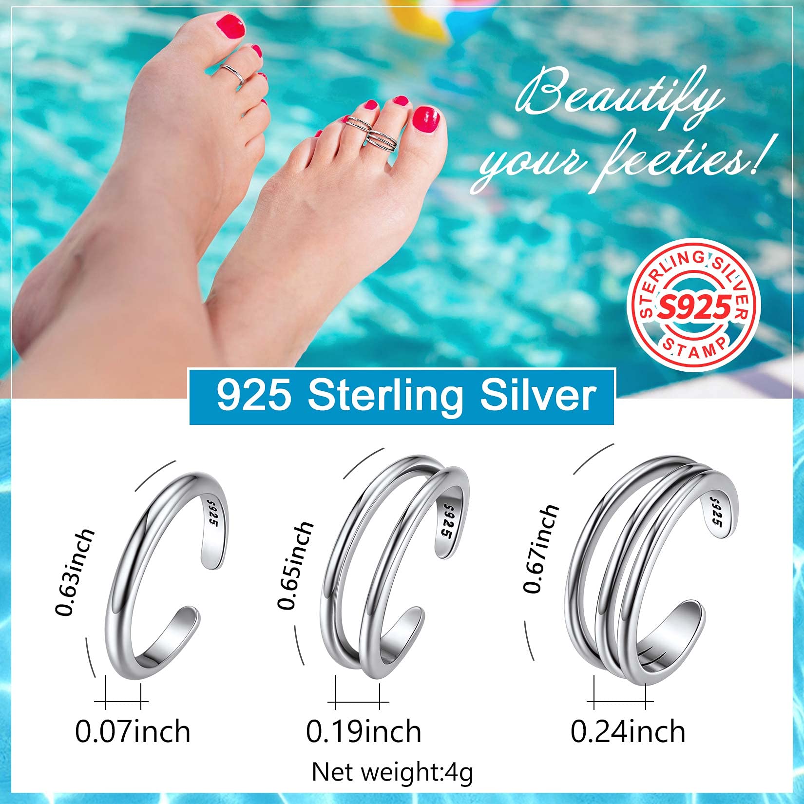ChainsPro Silver Toe Rings Set for Women 3pcs Pinky Rings Foot Jewelry Sterling Silver Toe Ring