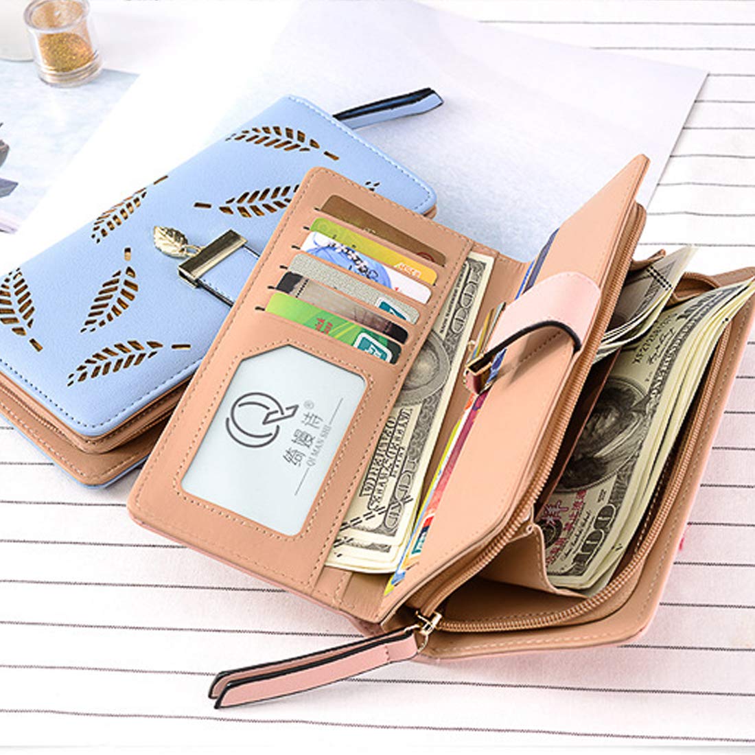 Wallet-NEWANIMA Women Multi-card Two Fold Long Zipper Clutch Purse (Style9-Pink)