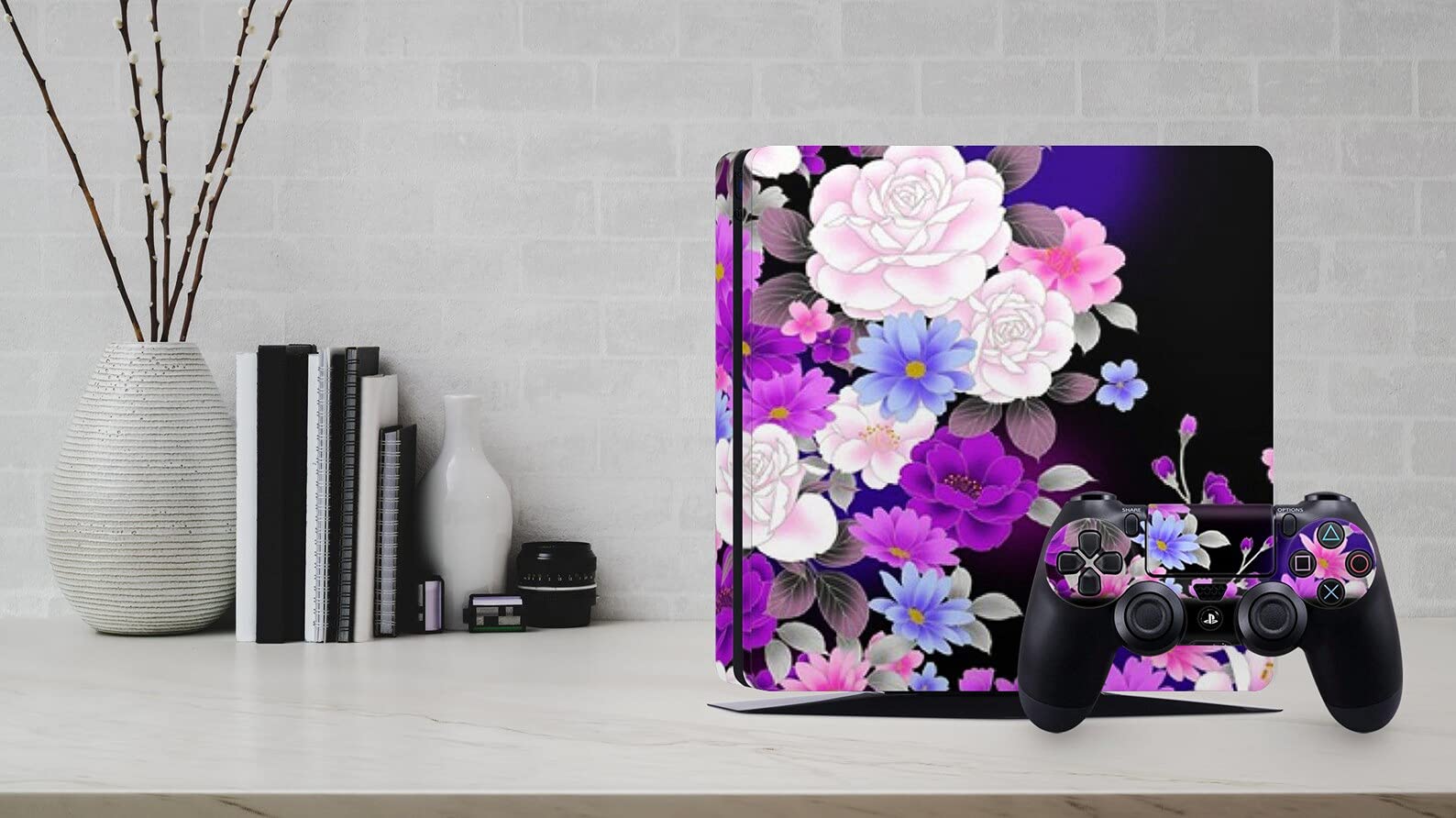 ZOOMHITSKINS Compatible with PS4 Slim Skin, Light Color Flowers Spring Floral Blue, Durable & Fit, 3M Vinyl, Made in The USA
