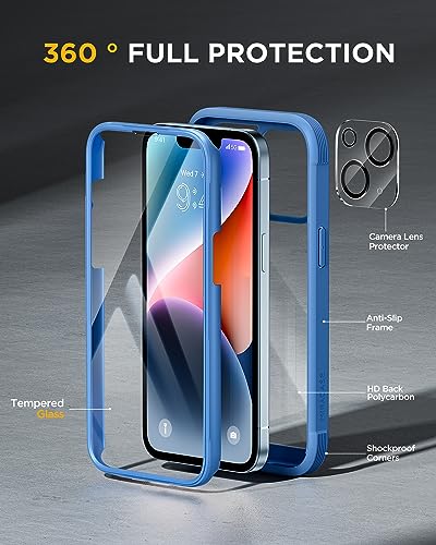 Miracase Glass Series Designed for iPhone 14 Phone Case 6.1 inch, 2023 Upgrade Full-Body Clear Bumper Case with Built-in 9H Tempered Glass Screen Protector and Camera Lens Protector,Blue
