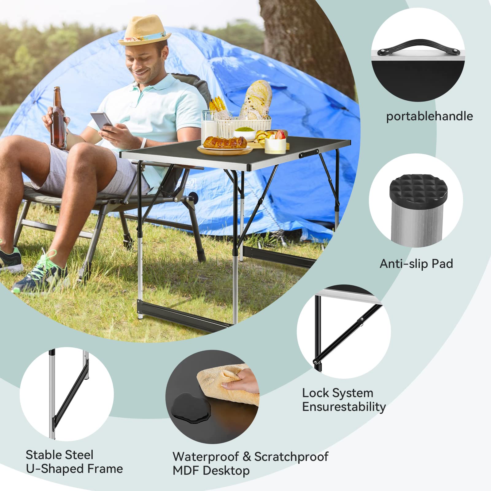 Coobi 24" x 39.5" Folding Table,Ultralight Collapsible with Handle, Height Adjustable,Wooden Desktop for Picnic,Beach,Camp,Travel