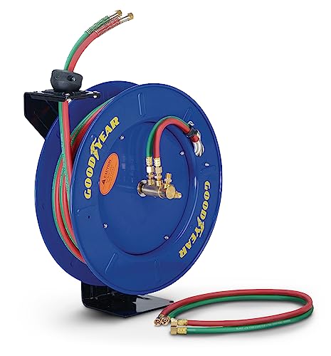 Goodyear Welding Hose Reel Retractable 1/4" Inch x 50’ Foot Twin Oxygen Acetylene Rubber Hoses STD Duty Max 300PSI Heavy Duty Industrial Single Arm Construction
