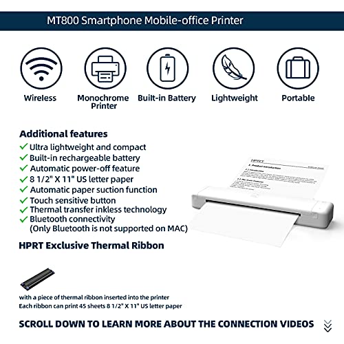 HPRT Portable Printers Wireless for Travel, MT800, Support 8.5" X 11" US Letter & A4 Paper, Thermal Transfer Inkless Printers, Bluetooth Connection, Compatible with Laptops & Android iOS Phone