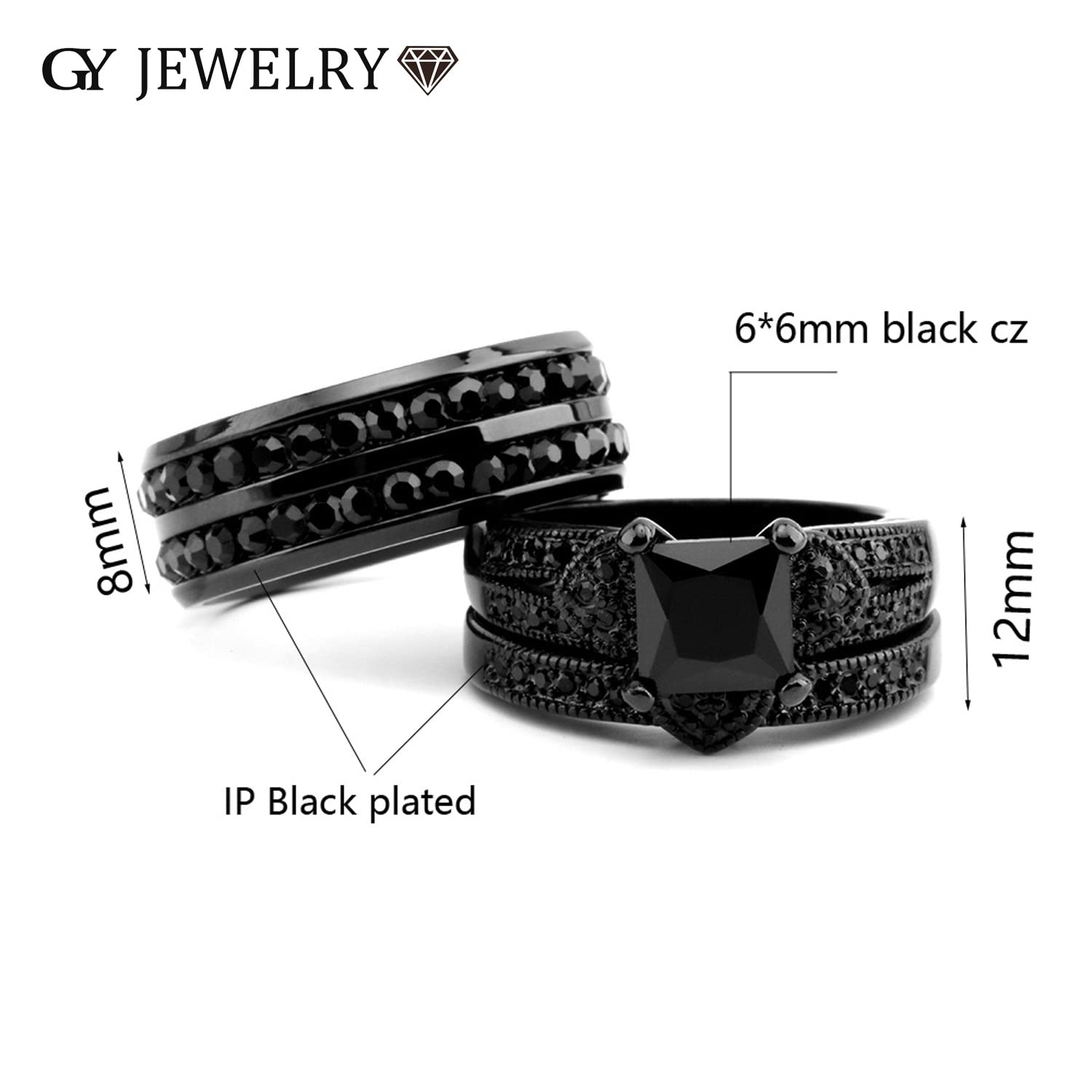 Couple Ring His Hers Women Black Gold Filled Cz Men Stainless Steel Bridal Sets Wedding Band
