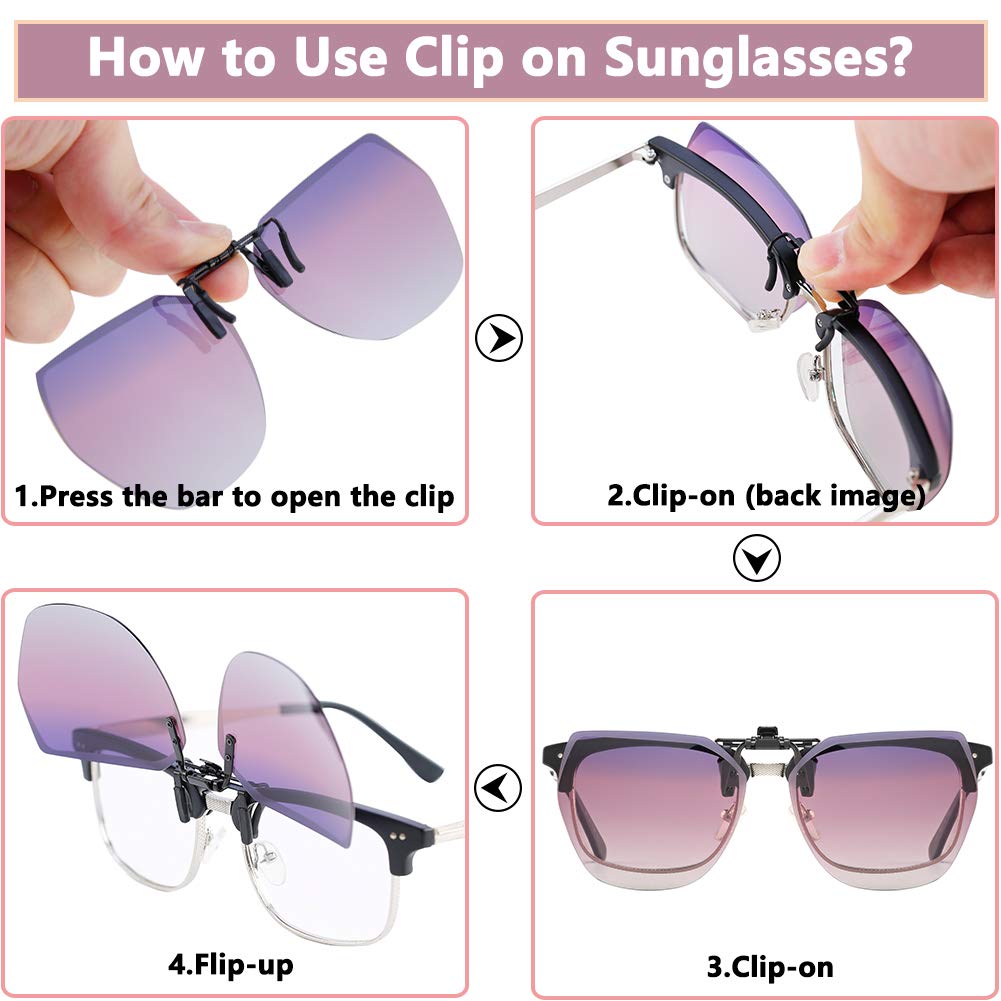 CAXMAN Polarized Clip On Sunglasses for Women Over Prescription Glasses 100% UV Protection Flip Up Transition Purple Mirrored Lenses