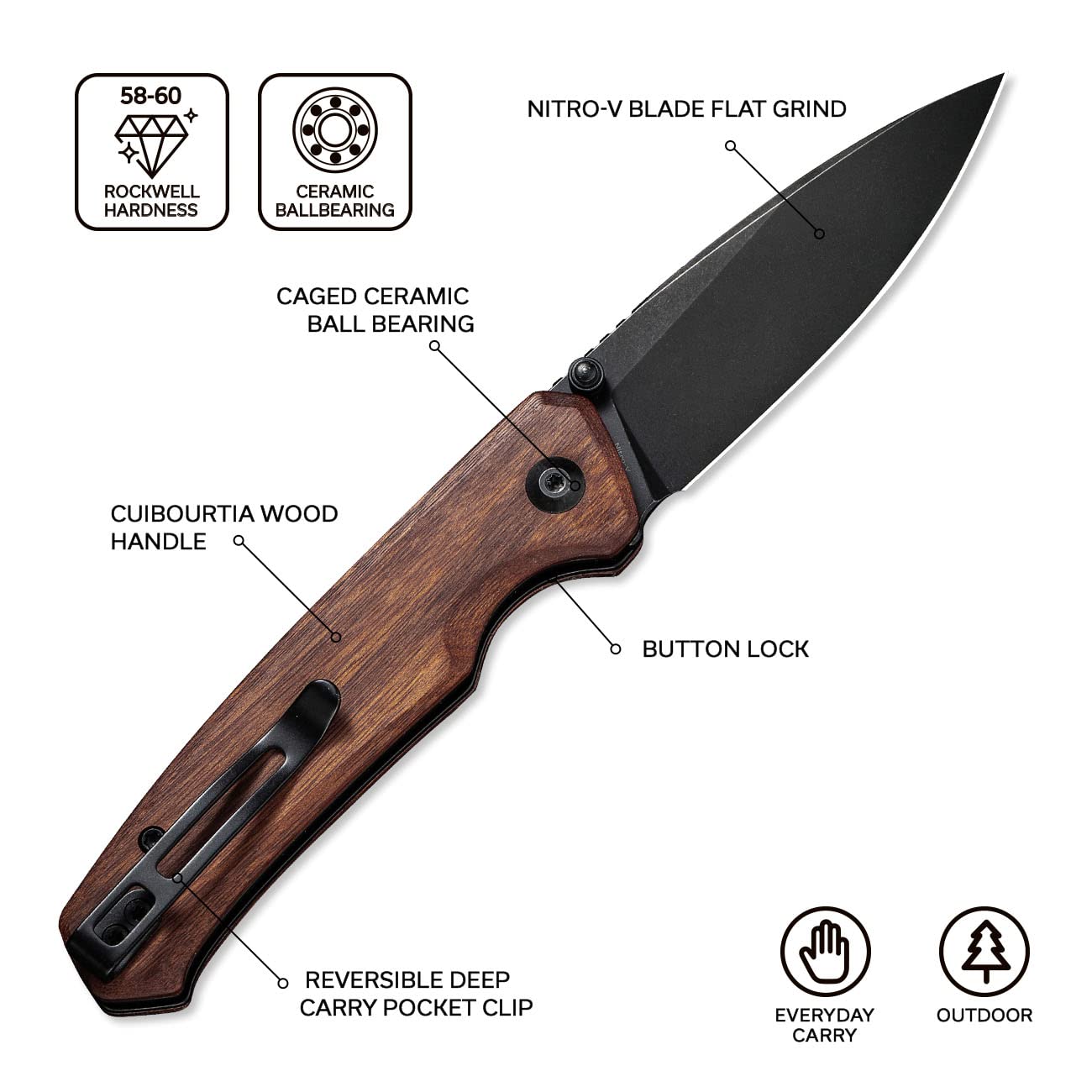 CIVIVI Altus Pocket Folding Knife with Button Lock and Thumb Stud Opener, 2.97" Nitro-V Black Stonewashed Blade Cuibourtia Wood Handle C20076-3