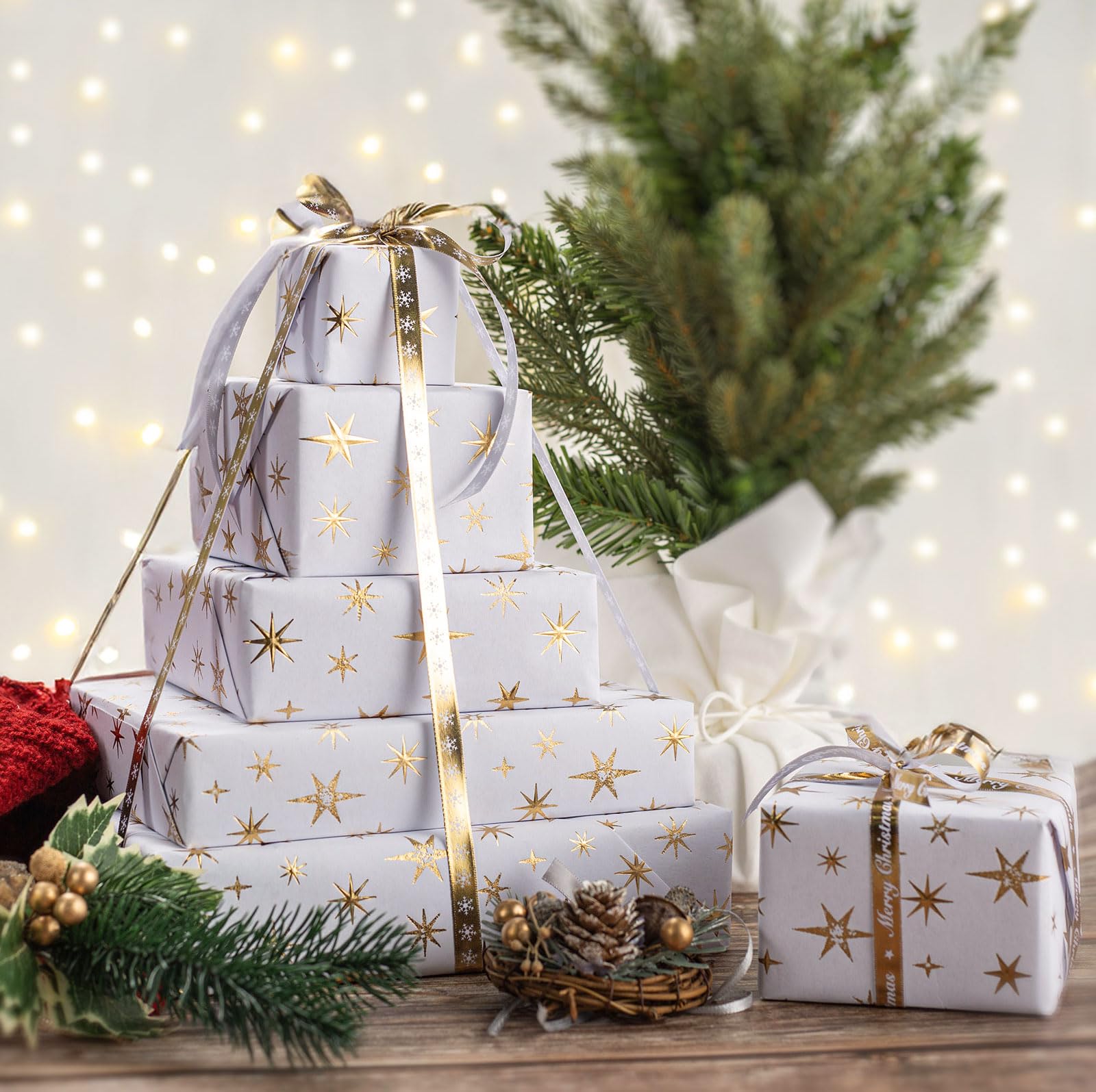 Flyhill White Wrapping Paper-17inch*197inch( 23.4sq.ft.ttl Per Roll - White Gold 3D Embossed Foil Star Pattern for Christmas,Birthday, Party,Wedding,Bridal Shower Shower,Thanksgiving