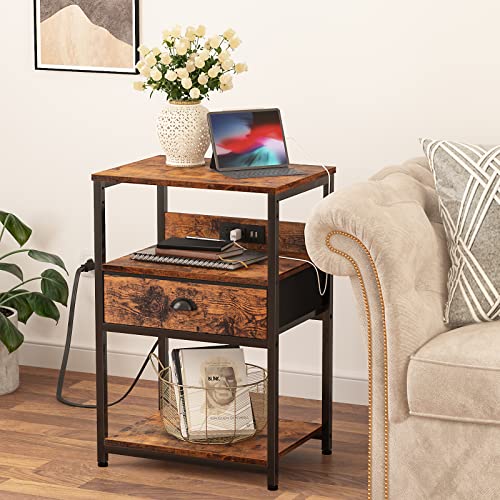 Furologee Nightstand Set of 2 with Charging Station, End Table with USB Ports&Power Outlets, 3-Tier Storage Shelf Tall Bedside Table, Industrial Side Table with Fabric Drawer for Bedroom/Living Room