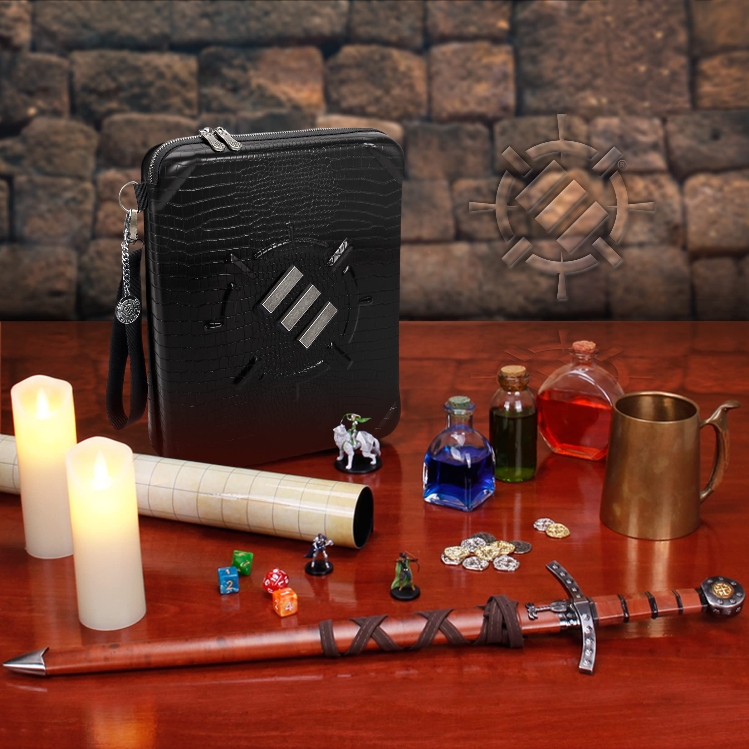 ENHANCE DnD Binder - Collector's Edition RPG Organizer Case with Built-in Character Sheet Holder and Erasable Scribe Panel, Dice Rolling Area, Removable Pen Pouch, Miniature Foam Tray (Dragon Black)