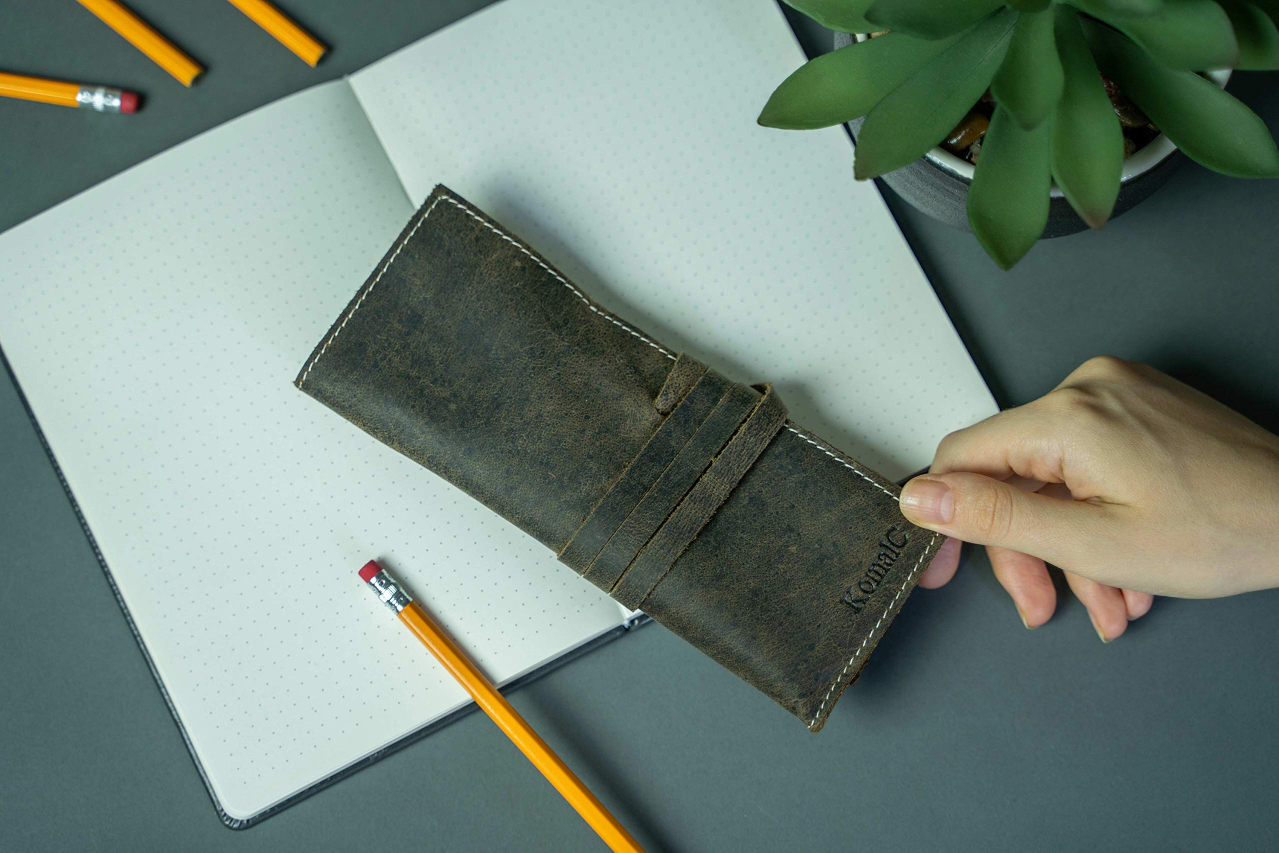 KomalC Genuine Leather Pen Case & Pencil Holder – Artisan Leather Stationery Roll/Foldable Pouch for Artists