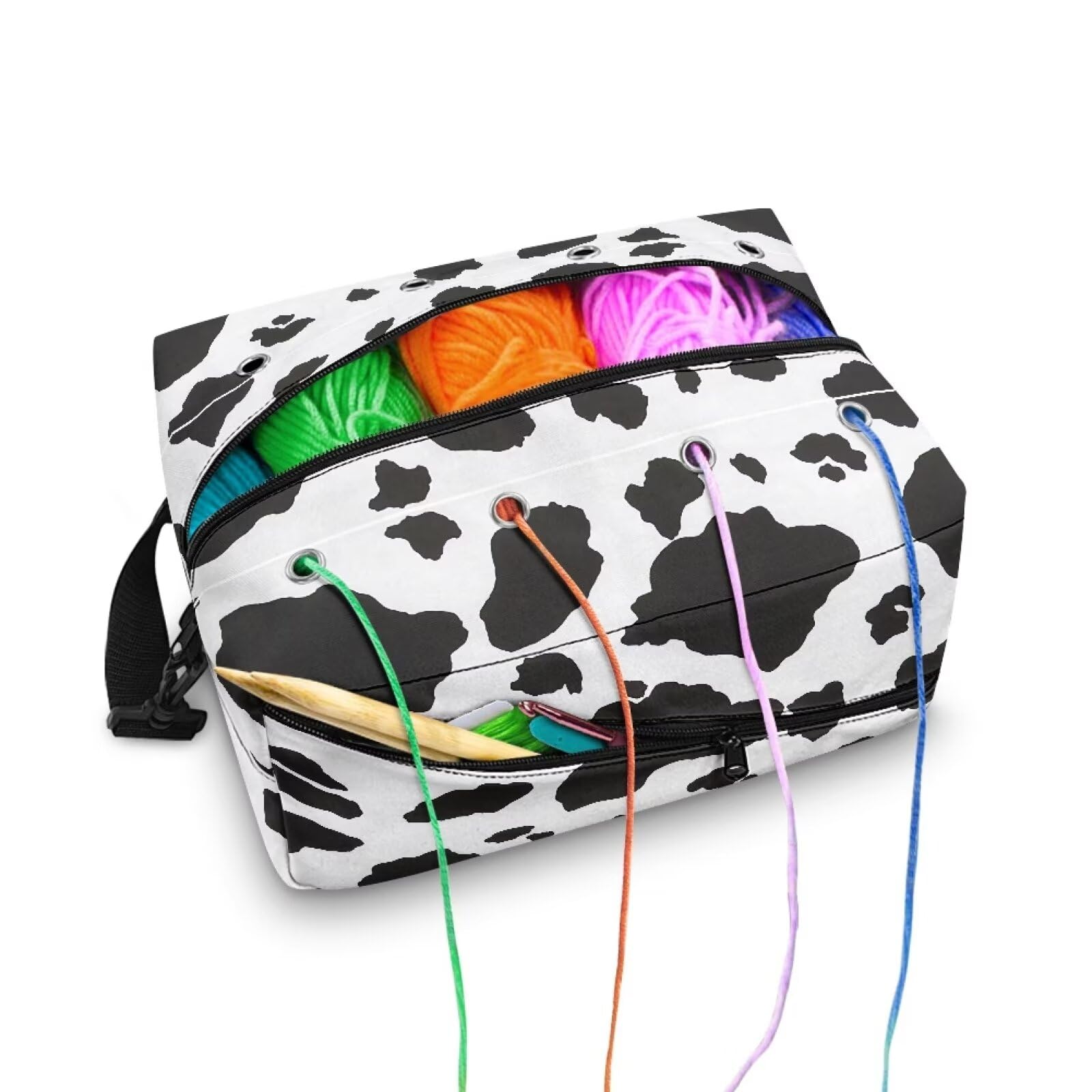 Kathyboom Cow Print Knitting Bag for Yarn Storage, Large Capacity Yarn Tote Organizer Crochet Bag for Knitting Needles, Crochet Hooks and Other Accessories
