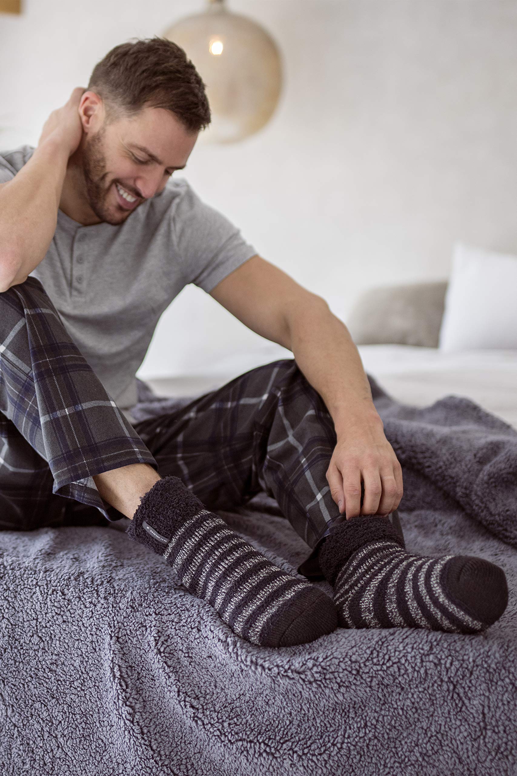 Heat Holders Mens Luxury Cozy Soft Fleece Lined Fluffy Bed Socks for Sleep (Charcoal Stripe (Olwen), 7-12)