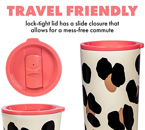 Kate Spade New York Small Insulated Coffee Cup with Lid, Leopard Print Double Walled Stainless Steel Mug, 12oz Coffee Tumbler, Forest Feline