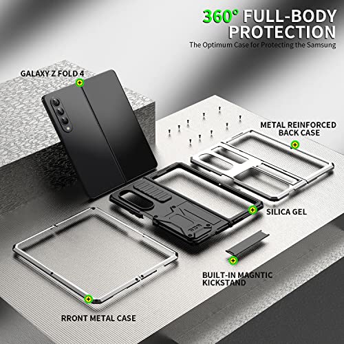 Shockproof Armor Case for Samsung Galaxy Z Fold 4 Case,Metal Aluminum Kickstand Hybrid PC Dustproof Anti-Fingerprint Folding Protective Cover Compatible with Samsung Galaxy Z Fold 4(Sliver)