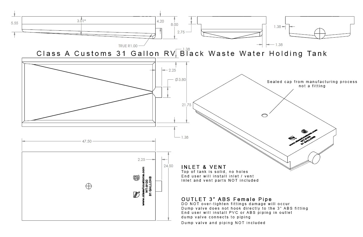 Class A Customs 31 Gallon RV Waste Black Water Holding Tank WT-3100