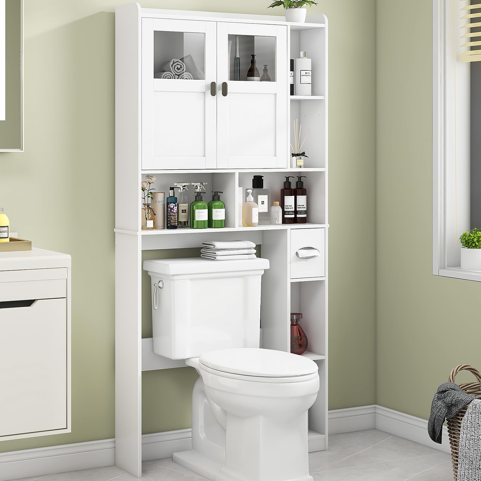 Vabches Over The Toilet Storage Cabinet, Bathroom Shelf Over Toilet with Glass Doors and Adjustable Shelves, White Freestanding Home Space Save Toilet Rack, for Restroom, Bathroom, Laundry