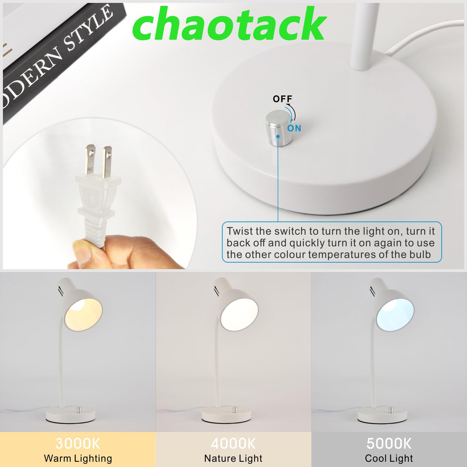 chaotack Metal Small White Desk Lamp,Adjustable Goose Neck Desk Lamps for Home Office Study Room Desks Bedroom Bedside Table Lamp with Free 7W LED Bulb,Eye-Caring Reading Lamps