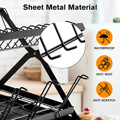 COALA HOLA Collapsible Dish Drying Rack 2 Tier Dish Drainers for Kitchen Counter with Folding Drainboard, Swivel Spout Cup Holder Utensil Knife Holder Stainless Steel -Black