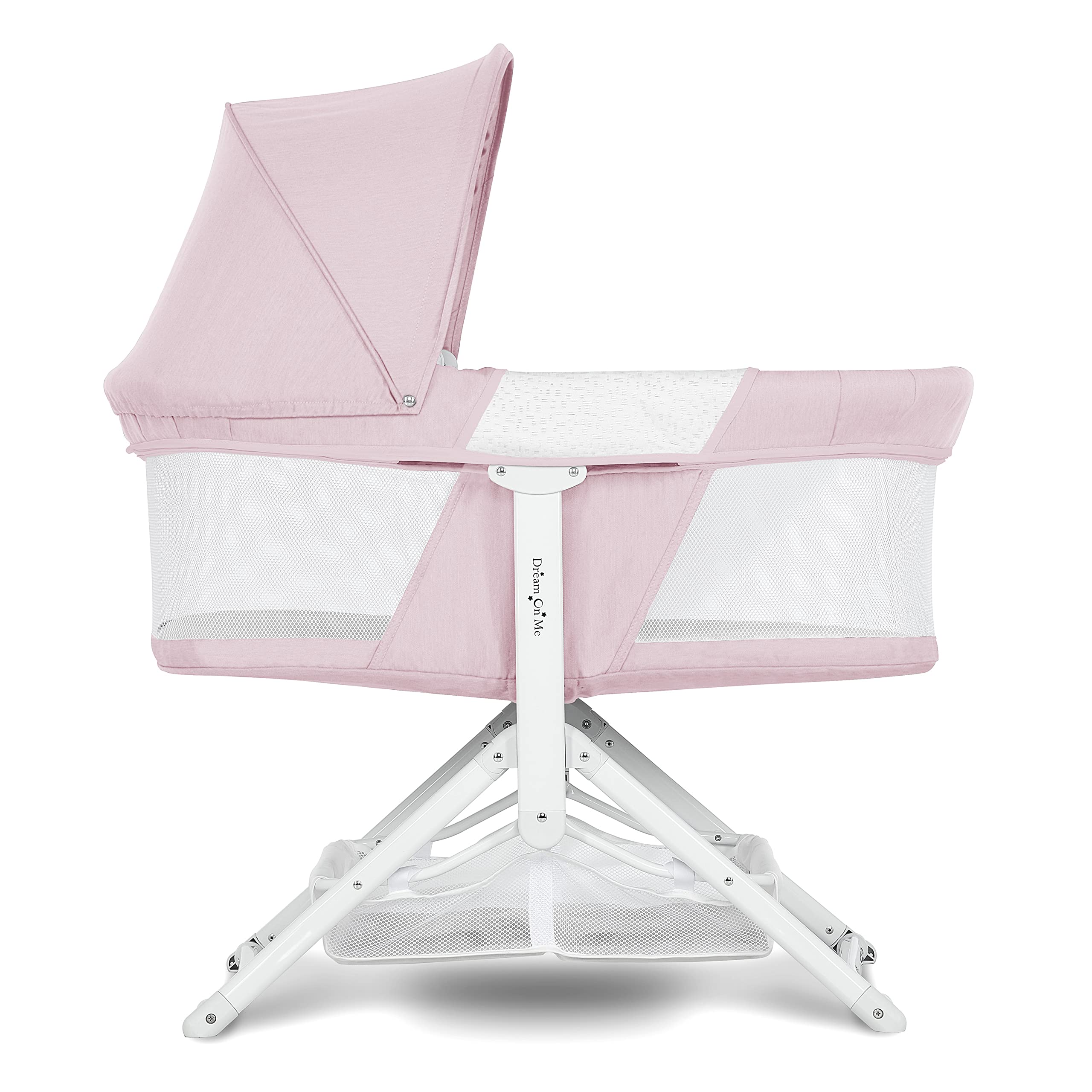 Dream On Me 2-in-1 Convertible Insta Fold Bassinet and Cradle in Pink, Lightweight, Portable and Easy to Fold Baby Bassinet, Adjustable Canopy, Breathable Mesh Sides, JPMA Certified