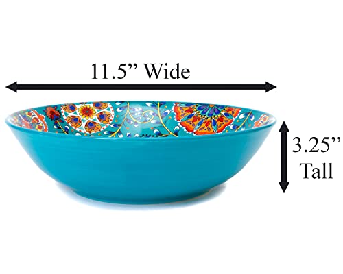 MICROWAVE SAFE Holiday Christmas DInner Ceramic Large Serving Bowl Pasta Bowl Fruit Bowl Salad Bowl Party Holiday Bohemian Talavera Spanish Influenced Design (Turquoise)