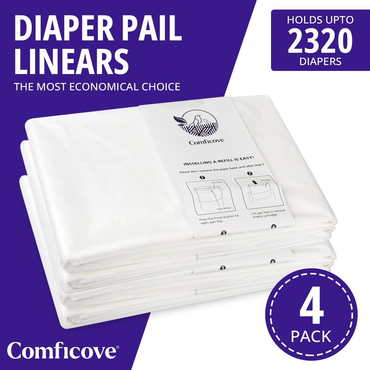 COMFICOVE Refills Compatible with DEKOR PLUS Diaper Pails | 4 Pack | Extra Thick Diaper Pail Refill Liners | Fresh Scent | Easy to Replace and Dispose of Diaper Bag | Odorless Baby Diapers Disposal