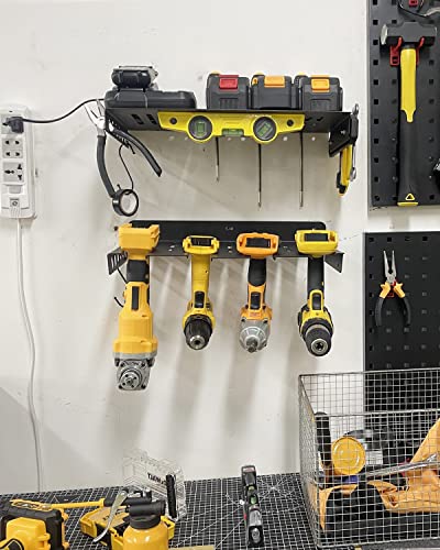 Power Tool Storage Rack, Amoowis Tool Organizer, Metal Shelf Utility Racks, Shelves for Garage Organization and Storage, Pegboard Drill Holder Wall Mount with Magnetic Strip for Screwdriver, Drill Bit
