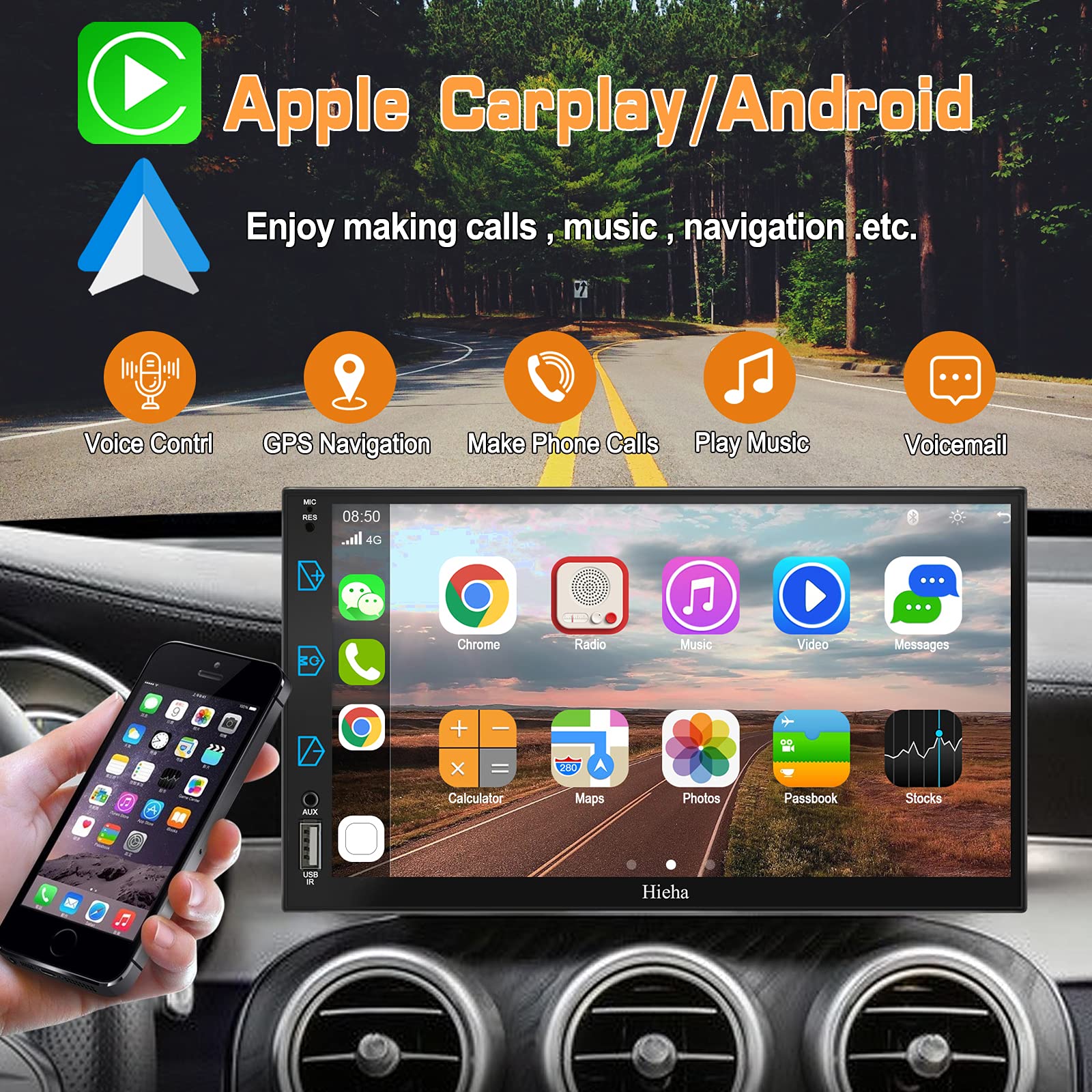 Car Stereo Compatible with Apple Carplay & Android Auto, Hieha 7 Inch Double Din Car Stereo with Bluetooth and Backup Camera, Touch Screen Car Radio with AM/FM, Voice Control, Mirror Link, A/V Input