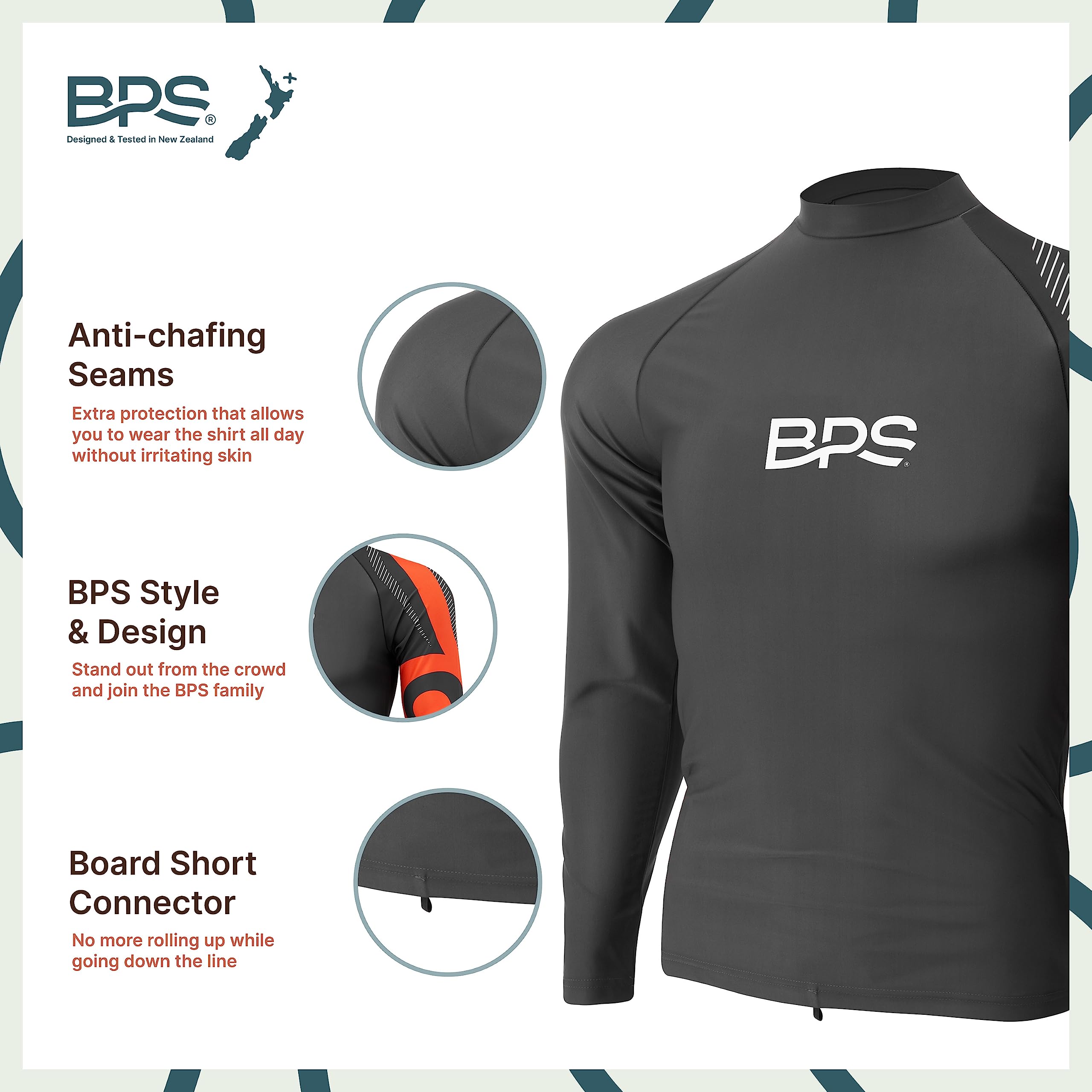 BPS Men's Long Sleeve Swim Shirt/Rash Guard with Sun Protection (Patterned Charcoal Orange, XL)