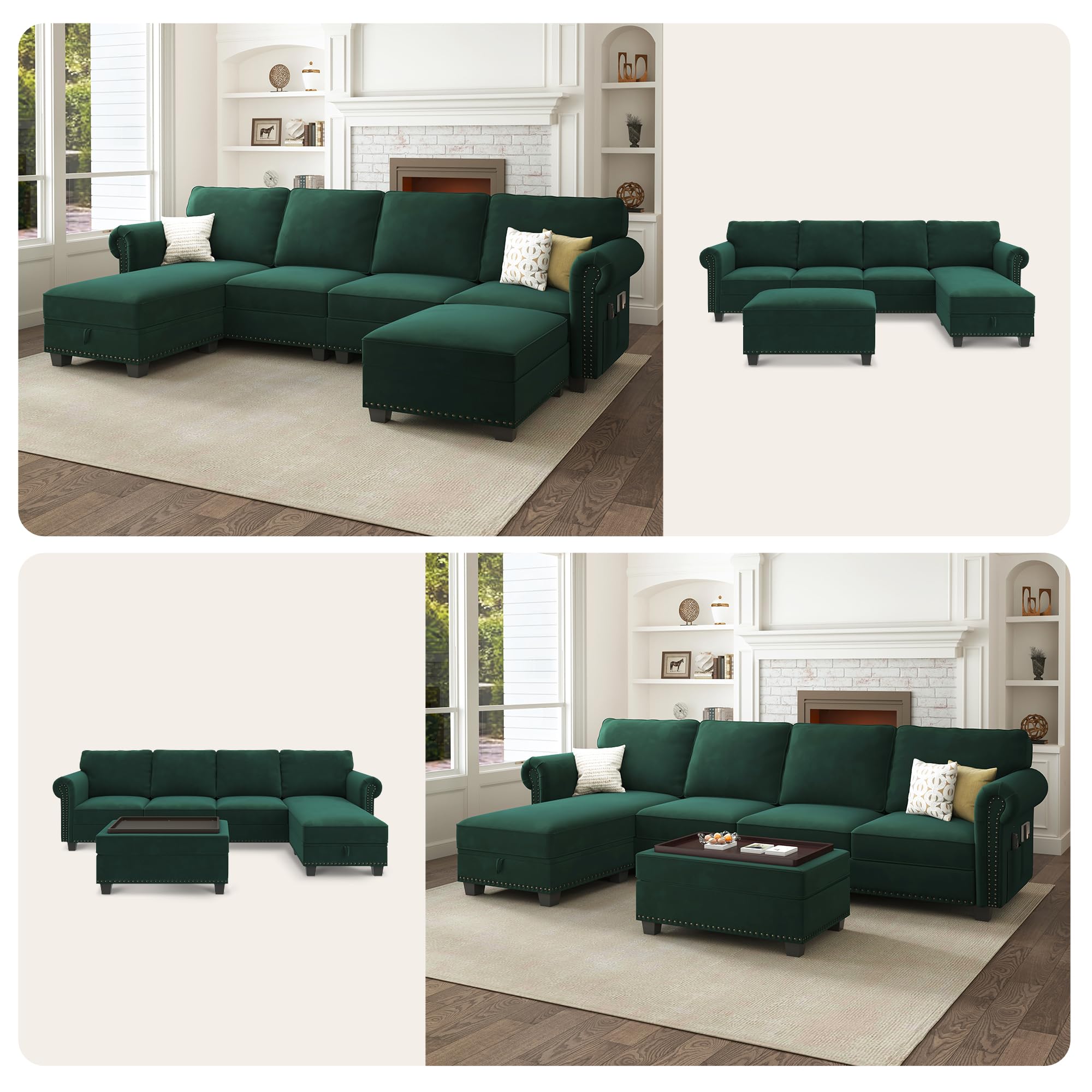 Nolany Velvet Sectional Sofa Set, L Shaped Sectional Couch with Storage Tray Ottoman Convertible 4 Seater Sofa Couch for Living Room, Dark Blue