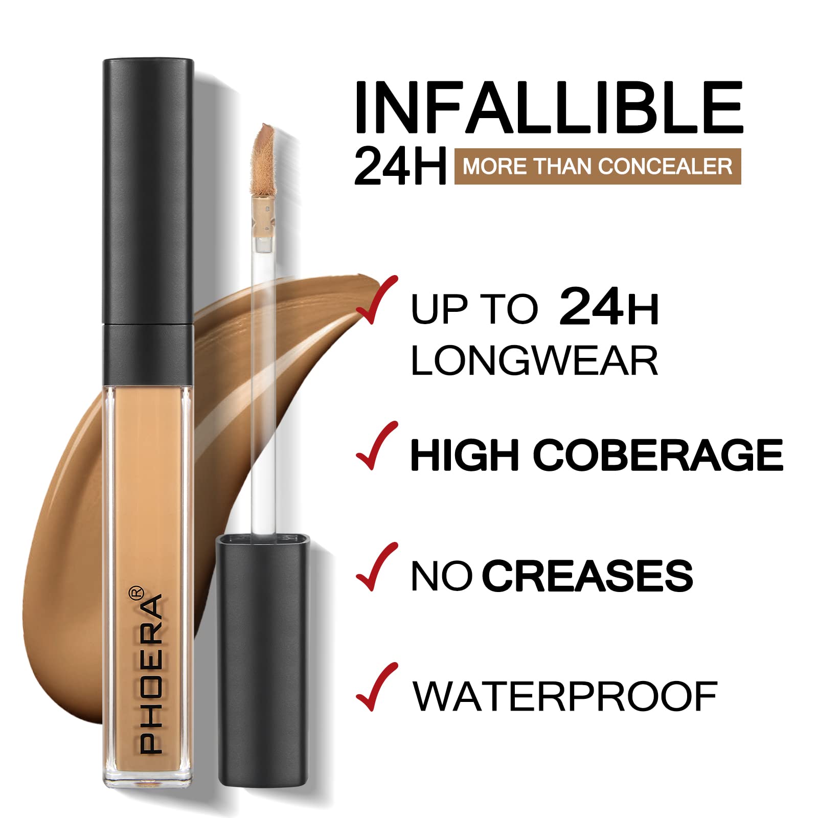 PHOERA Liquid Concealer,Full Coverage Concealer,Multi-Use Makeup Concealer for Acne,Dark Circles,Tattoo,Freckles,High Adherence Hydrating Face Concealer for Women Mens(101# LIGHT)