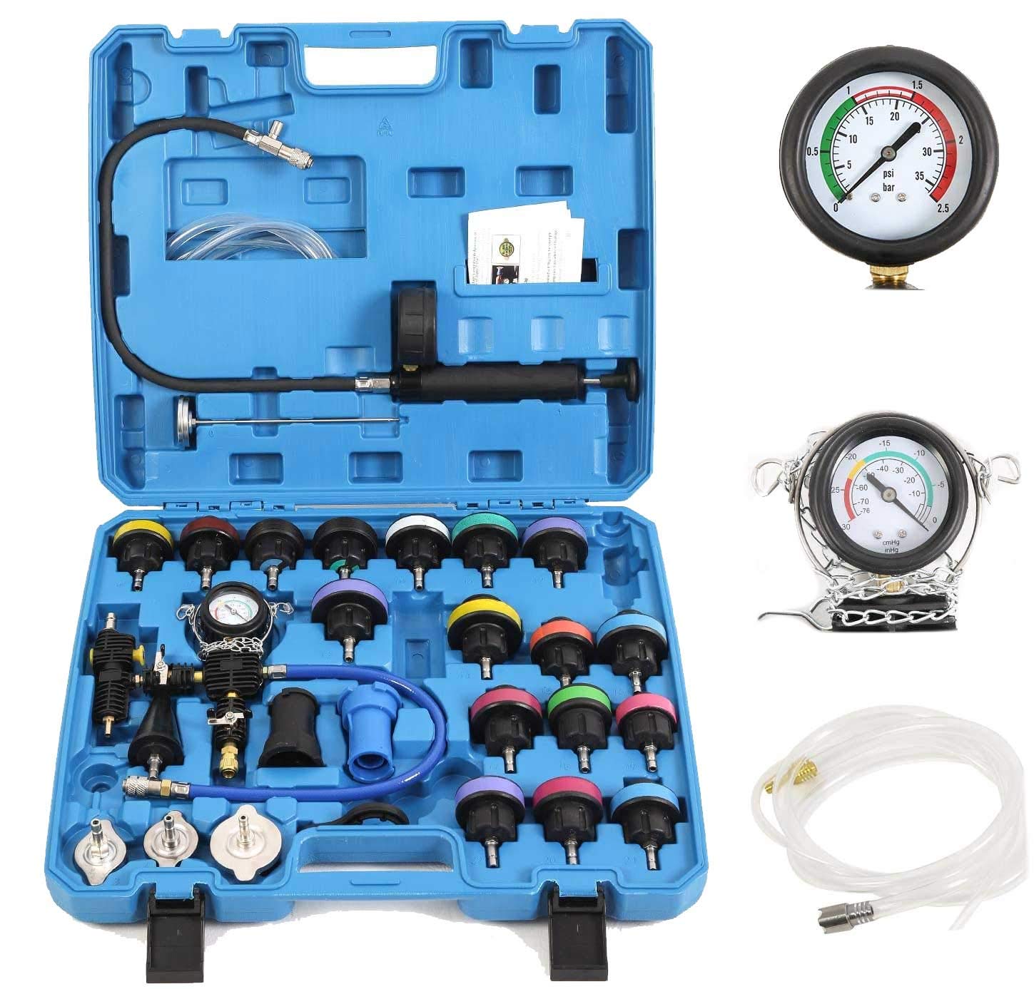 Coolant Pressure Tester Kit, Radiator Pressure Tester Kit 28-Piece Universal Radiator Pressure Tester, Vacuum Type Cooling System Tool Kit For Many Makes and Models with Carrying Case (Blue Case)