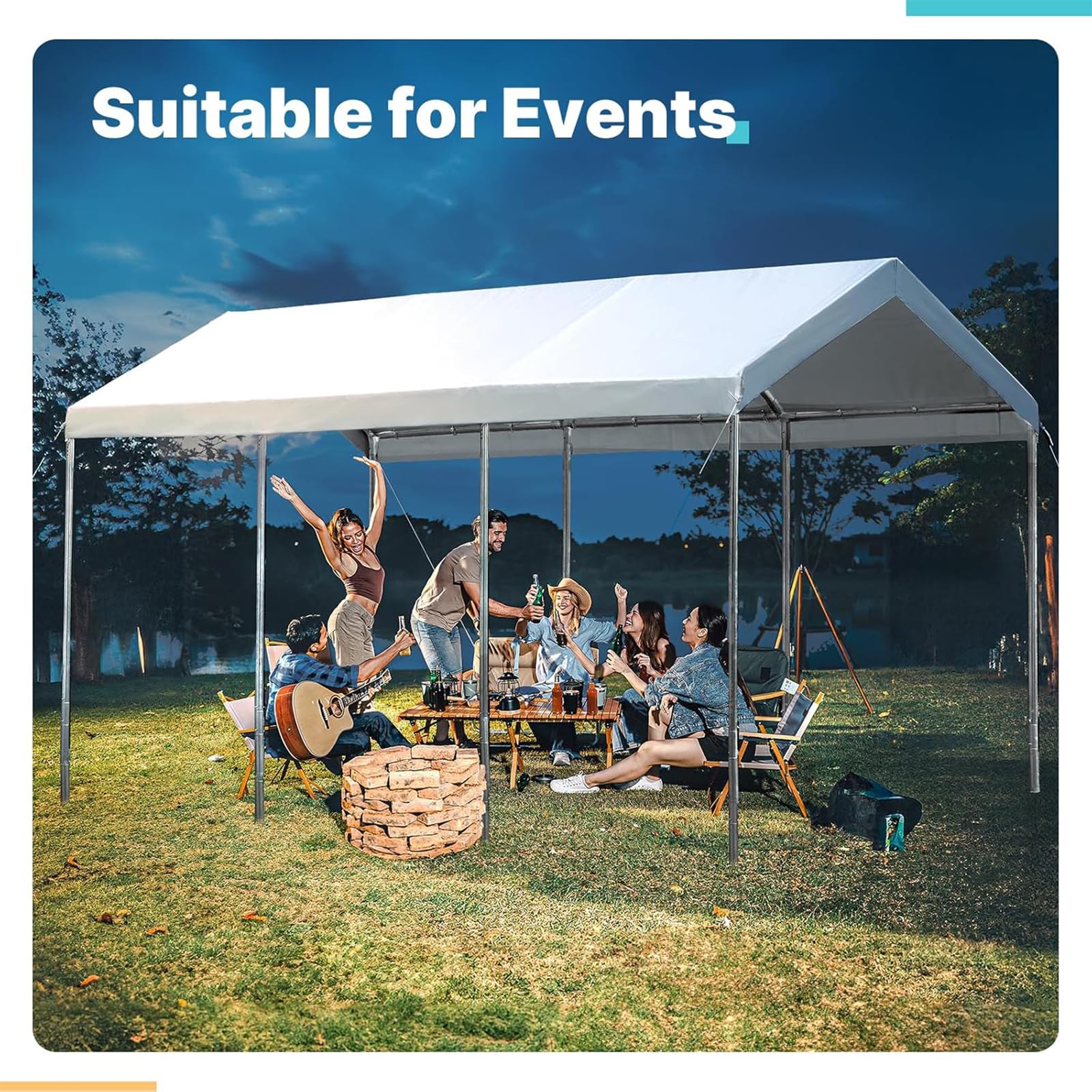 FORALEBEN Carport Replacement Canopy Cover for 12' x 20' Car Tent Top Garage Shelter Cover Tarp with Ball Bungees (Only Top Cover, Frame Not Include) White