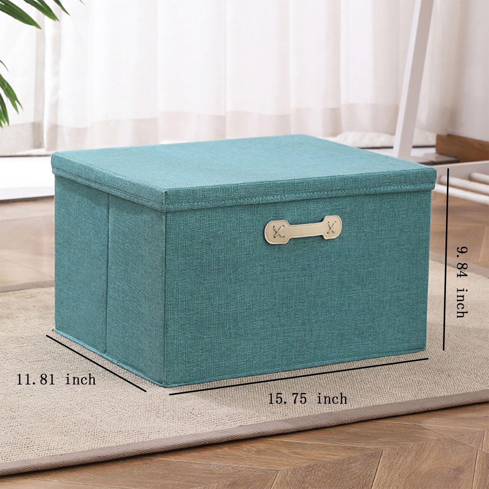 Foldable Cotton Linen Storage Baskets Bins with Lids, Leather Handheld Clothes Storage Box Fabric Storage Box,Toys,Clothes Organiser for Closet Home Bedroom Office Nursery,2pack (Morandi green)