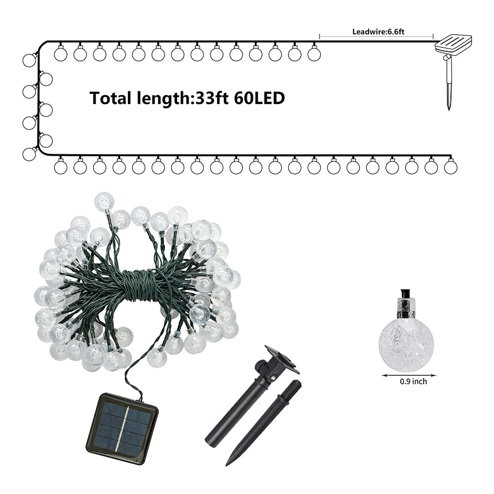 Solar Garden Lights 35FT 60LED Crystal Globe Solar String Lights, 8 Modes Waterproof String lights Outdoor, Solar Lights Outdoor for Garden,Yard,Patio,Wedding,Home party,Christmas,Decoration. (White)