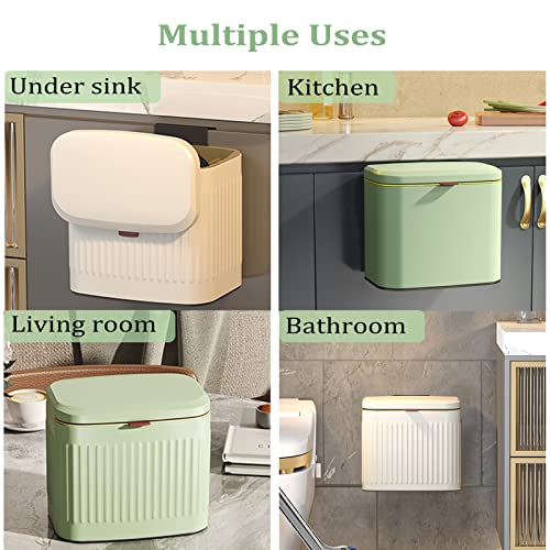 Hanging Kitchen Trash Can with Lid, Sapouni Small Compost Bin for Countertop or Under Sink 1.05 Gallon/4L Wall-Mounted Kitchen Garbage Can Stainless Steel Mini Waste Bins (Milky white,Vertical stripe)
