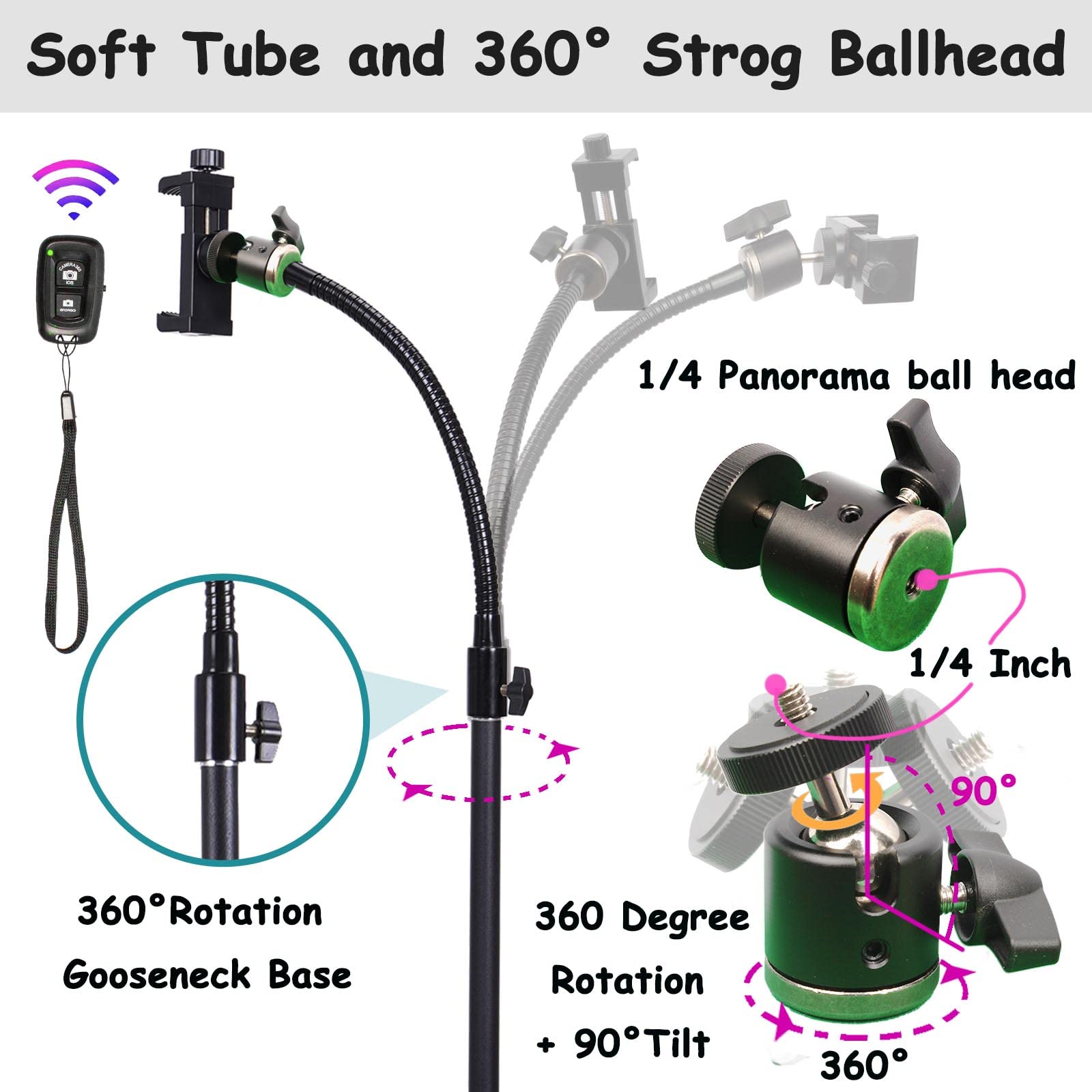 Phone Tripod, Phone Video Stand with Remote, Height Adjustable Ball Head, Gooseneck Phone Floor Holder for iPhone15, iPhone15 Plus, iPhone15 Pro, iPhone15 Pro Max, iPhone 14,14 Pro, Plus, 13, 12, 11