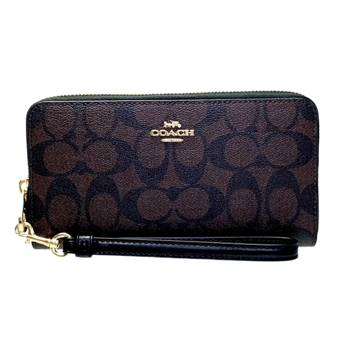 COACH Womens Long Zip Around Wallet In Signature Canvas With Strap (Brown - Black)