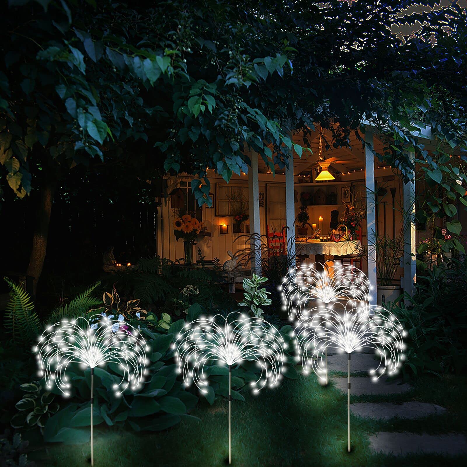 Solar Garden Lights Outdoor Decor, 3 Pack 360 LED Solar Fireworks Lights Waterproof 8 Modes Starburst Lights with Remote, Solar Flower Lights for Pathway Patio Yard Christmas Decorations(Cold White)