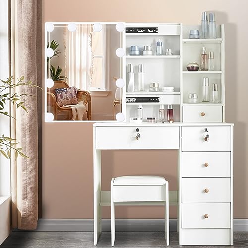 Makeup Vanity Set with Mirror & Lights, 5 Storage Drawer & Stool, 3 Lighting Modes Adjustable Brightness, Bedroom Dressing Table for Women Girls, White (Modern Vanity W-4)
