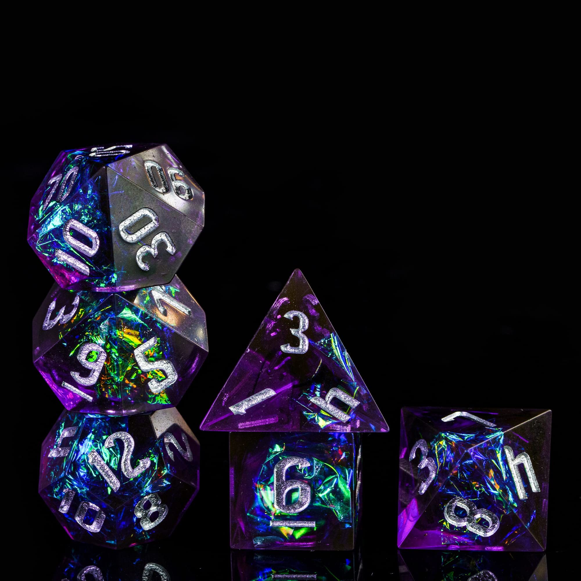 Cusdie Sharp Edges DND Dice, 7 PCs D&D Dice, Handcrafted Polyhedral Dice Set, for Role Playing Game MTG Pathfinder (Rainbow Film P/B)