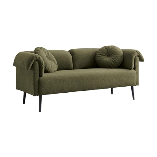 Familymill 68.5" Modern Lamb Wool Sofa Couch with Button Tufted Decorative Two Throw Pillows for Small Spaces (Emerald)