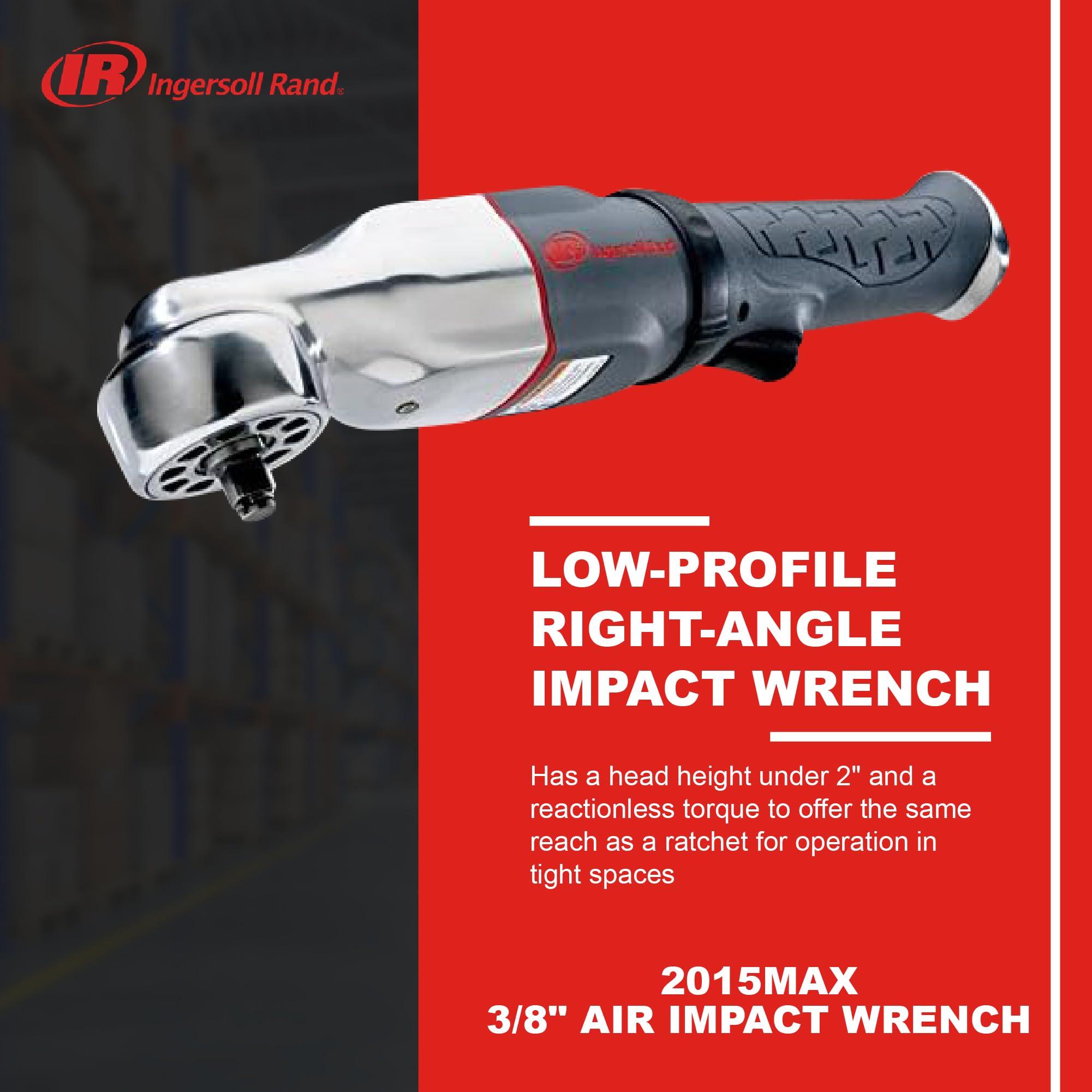 Ingersoll Rand 2015MAX 3/8" Pneumatic Air Impact Wrench, Right Angle, Low Profile 2β Hammerhead, 180 ft lbs Max Torque, 7,100 rpm, Two-Position Power Regulator, Gray
