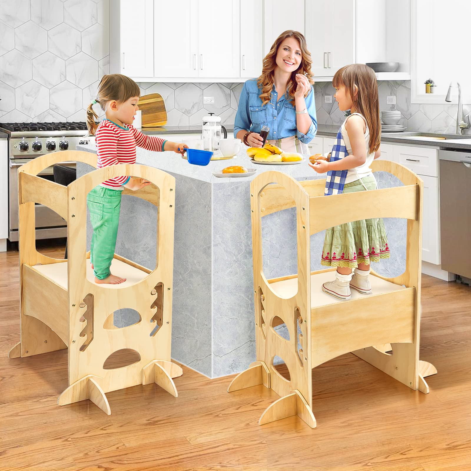 COMOMY Toddler Tower, Kids Step Stool with 4 Adjustable Heights, Safety Latch and Non-Slip Pad, Wooden Children Step Stool Kitchen Helper for Counter & Bathroom Sink