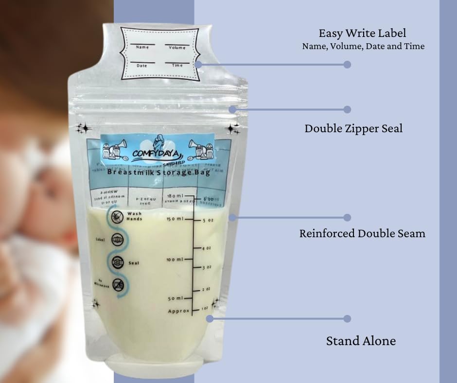 Comfydaya Safeshield Breastmilk Storage Bags (50 Count). Ready to Use. Presterilize, BPA Free, BPS Free, Leak Proof, Double Zipper, Self Standing, Super Strong and Food Grade Material Breast Milk Bag