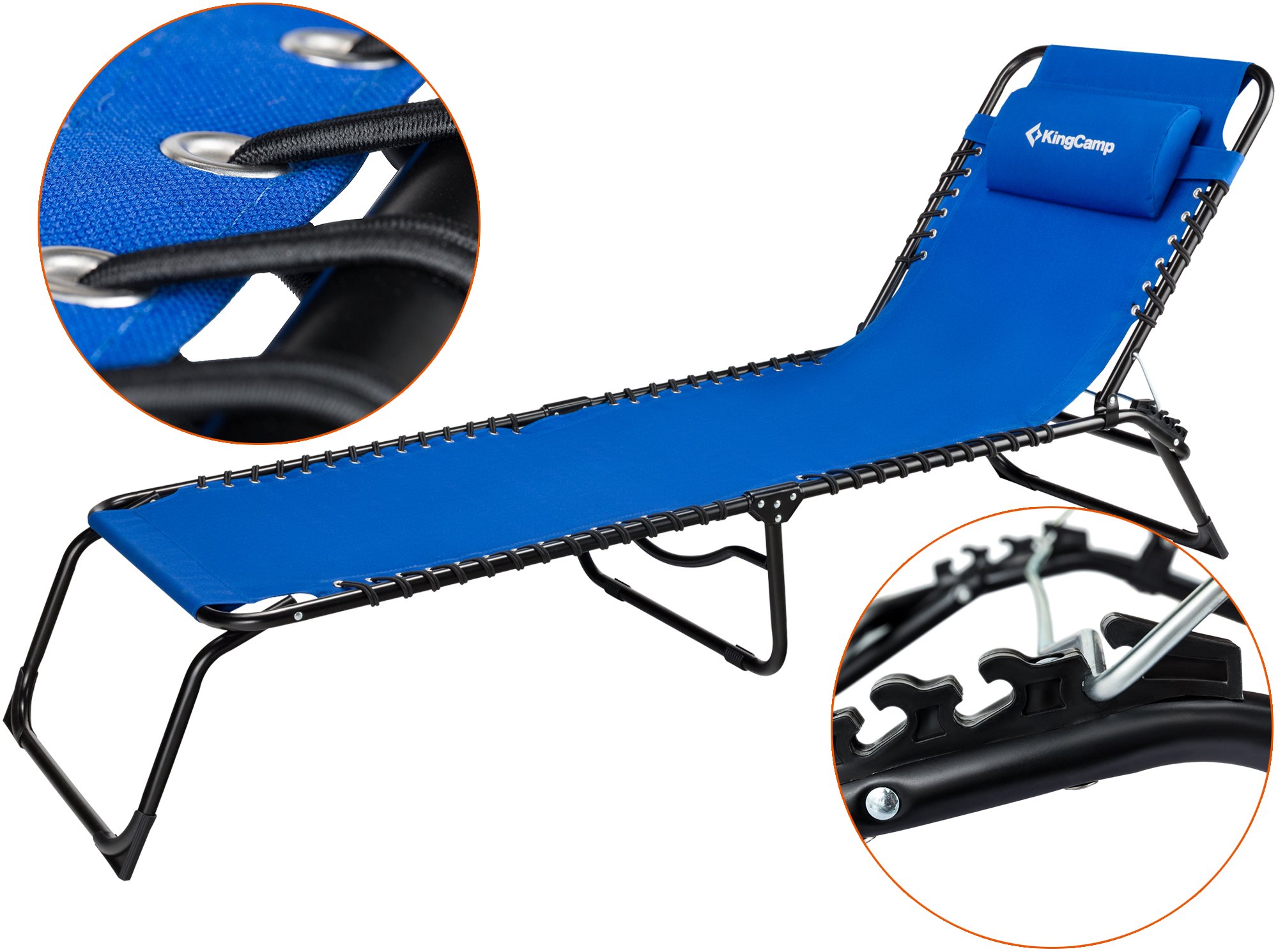 KingCamp Chaise Lounge Removable Pillow 3-Position Adjustable Chair Folding Patio Recliner for Camping Pool Beach Outdoor, Supports 300lbs, Blue, One Size