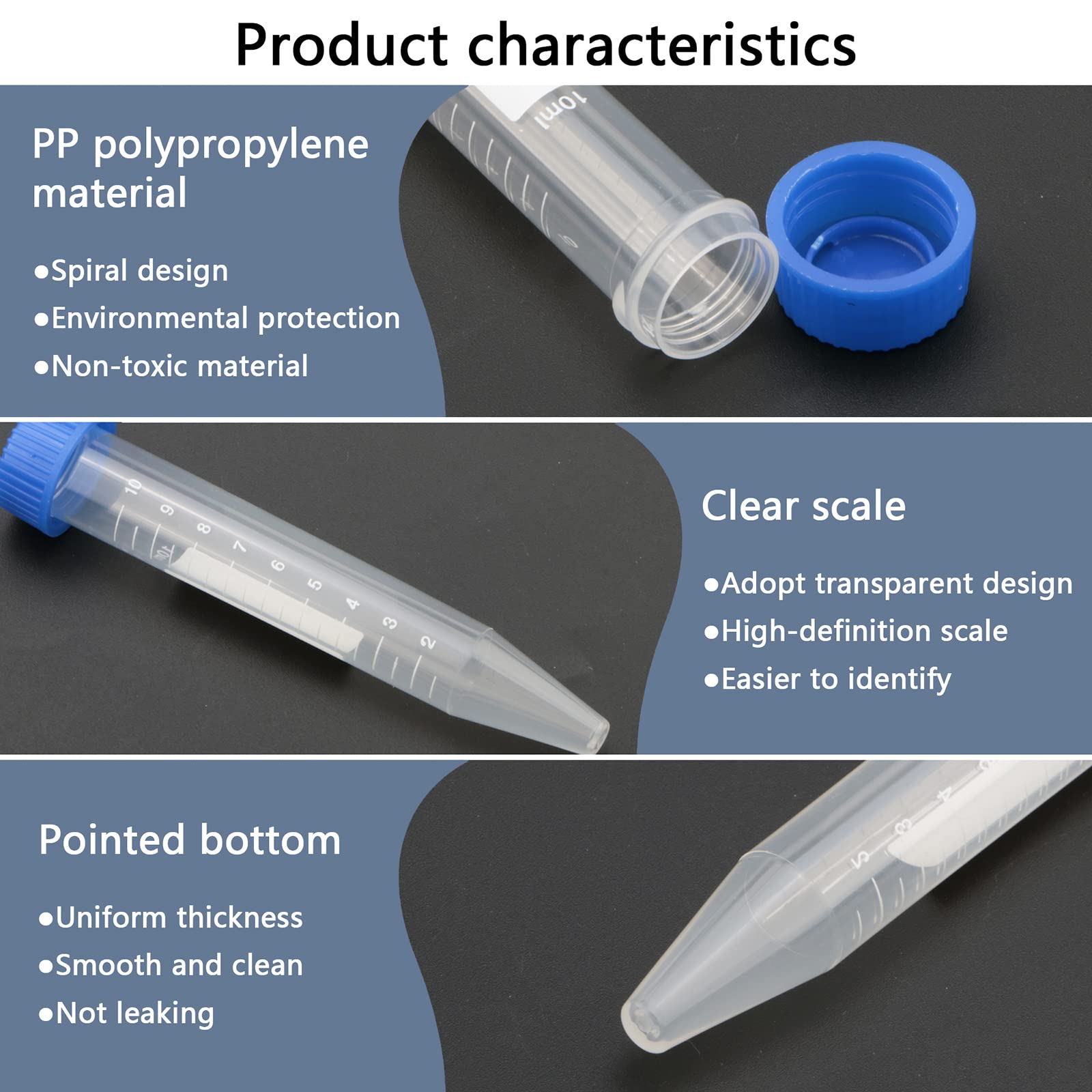 Kesell 10ml Centrifuge Tube Conical Bottom Blue Screw Cap with Clear Graduation and Writing Area, Pack of 20