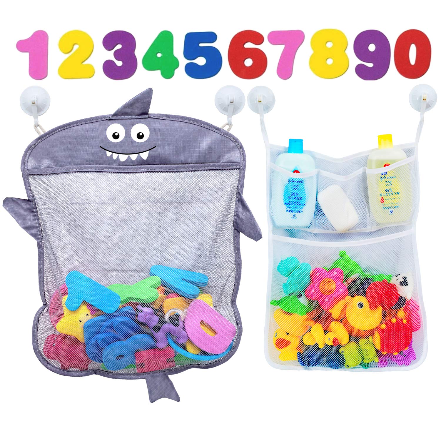 Comfylife Baby Bath Toy Organizer - Shark (2 Bath Toy Storage Nets, 8 Toy Numbers & 10 Strong Hooks) – Great Bath Net for Kids – Cute Bathtub Toy Organizer and Bath/Shower Caddy Storage Solution